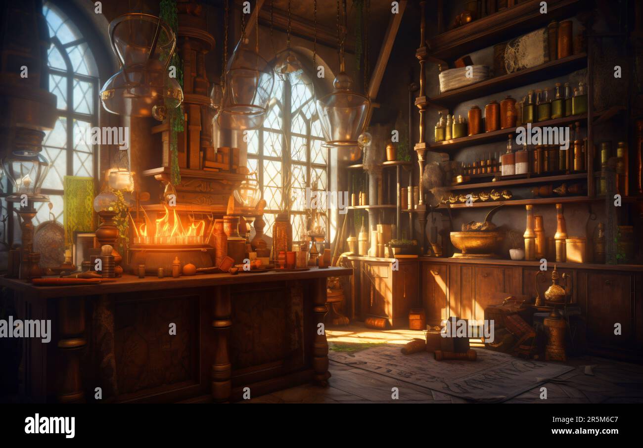 Fantasy magic medieval laboratory: Game art with beam light and ...