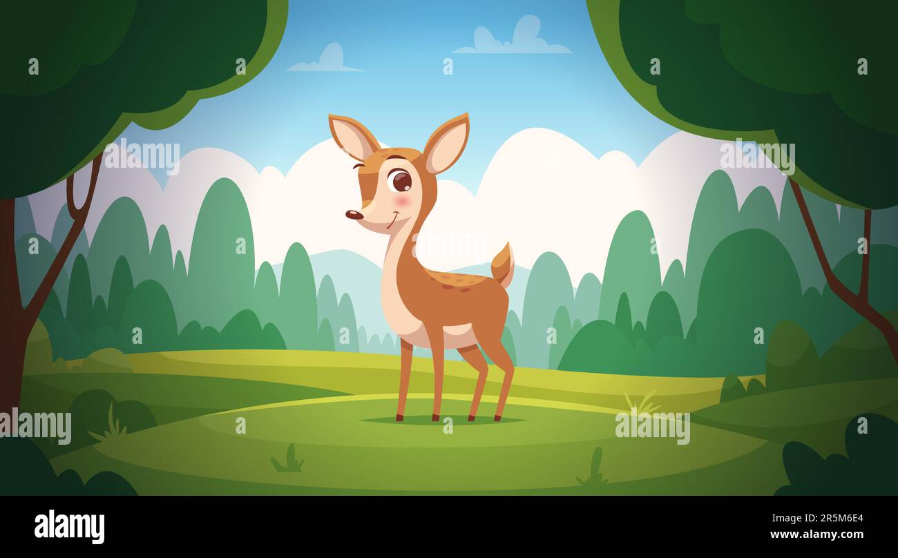 Deer in forest. Cute little baby deer walking outdoor exact vector ...