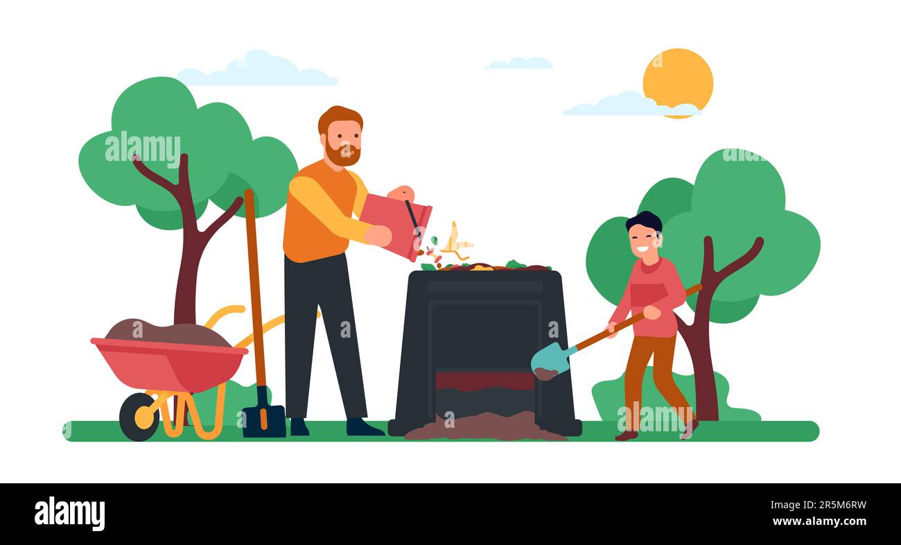 Father and son working in garden. Man pouring bucket of waste into ...