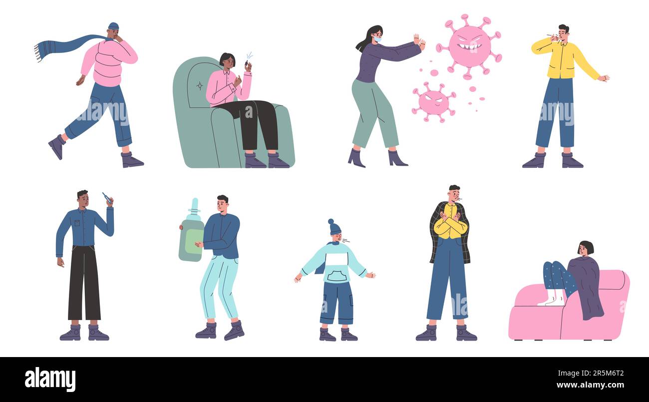 Cartoon ill people. Sick characters. Men or women with seasonal flu ...