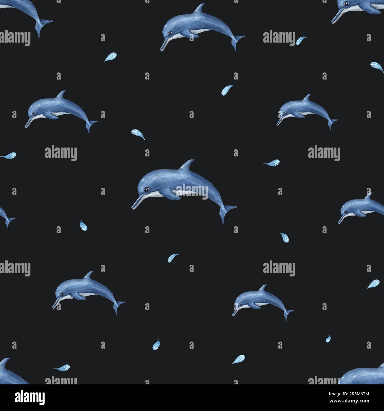 Watercolor underwater seamless pattern of swimming dolphins isolated on ...