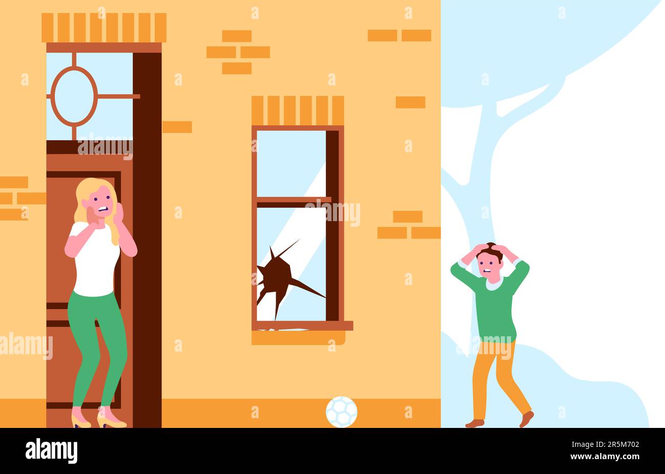 Frightened boy breaking window with ball. Mother looks at son in ...