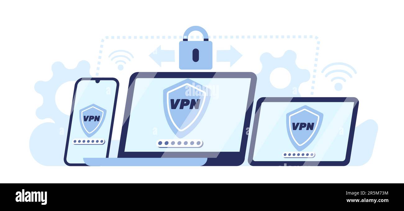 Laptop, tablet and smartphone monitors show VPN connection. Security software. Password ...