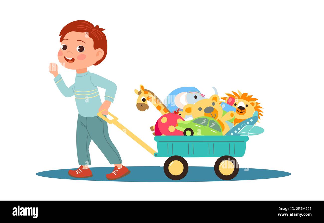 Little boy pulling baby cart with toys. Happy son carrying plush ...