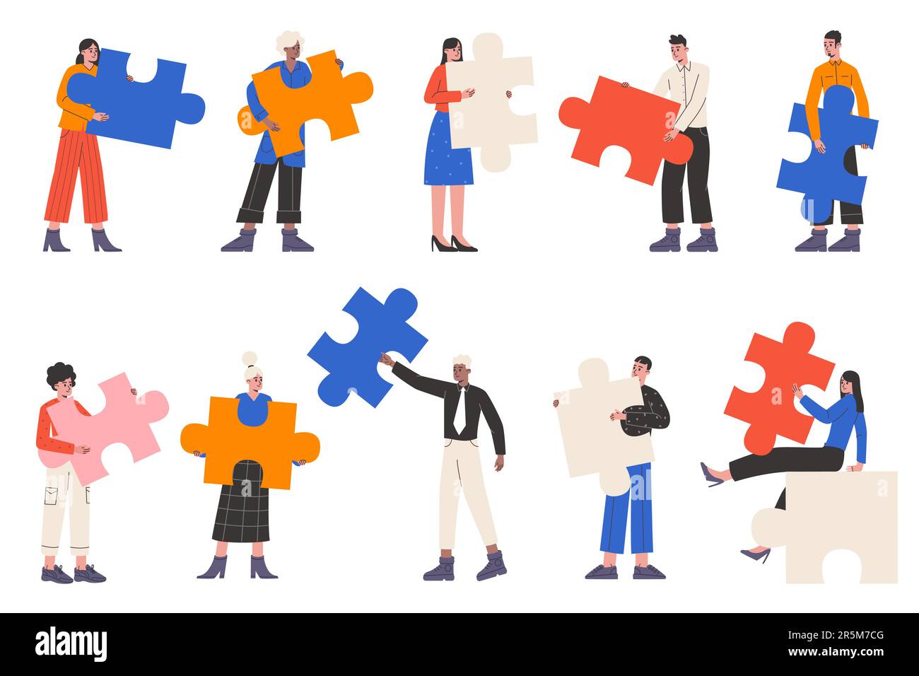 Puzzle teamwork. People holding color jigsaw pieces. Game elements ...