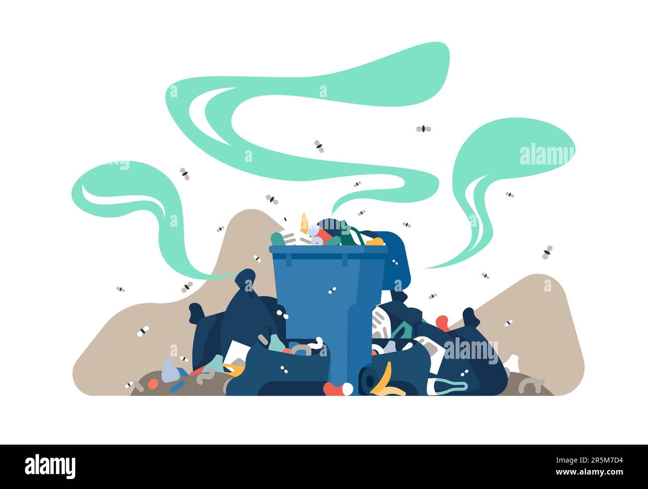 Stinking pile of garbage with flies flying over it. Overloaded dirty ...