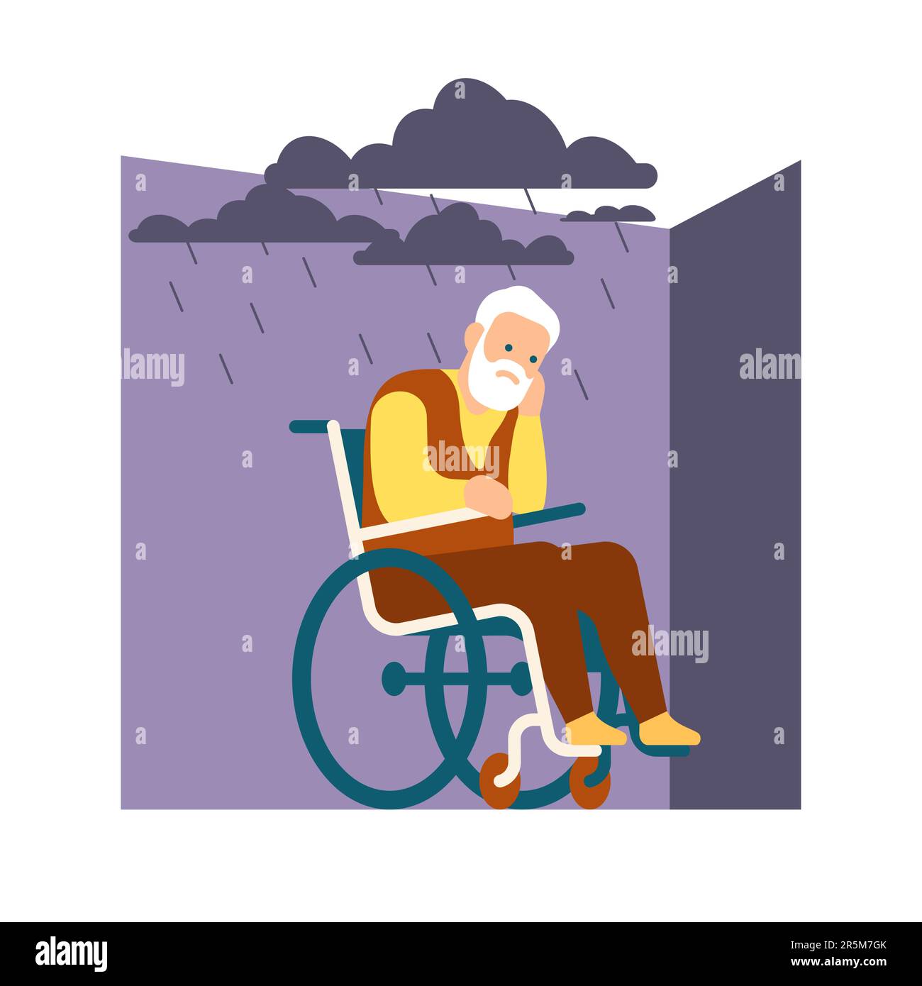 Sad lonely elderly man sitting in wheelchair. Alone grandfather ...