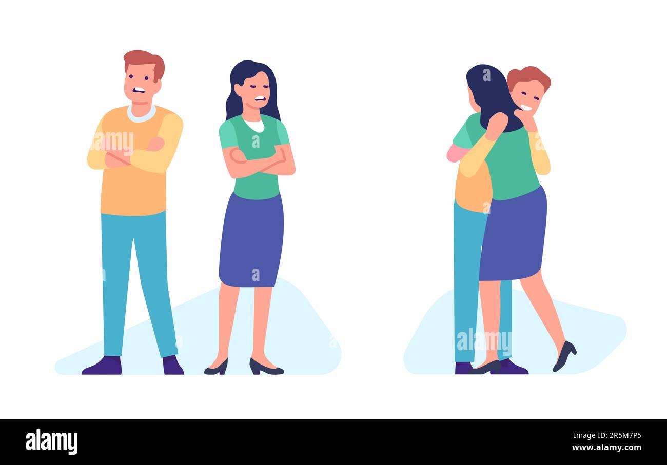 Young couple fights and then makes up and hugs each other. Offended ...