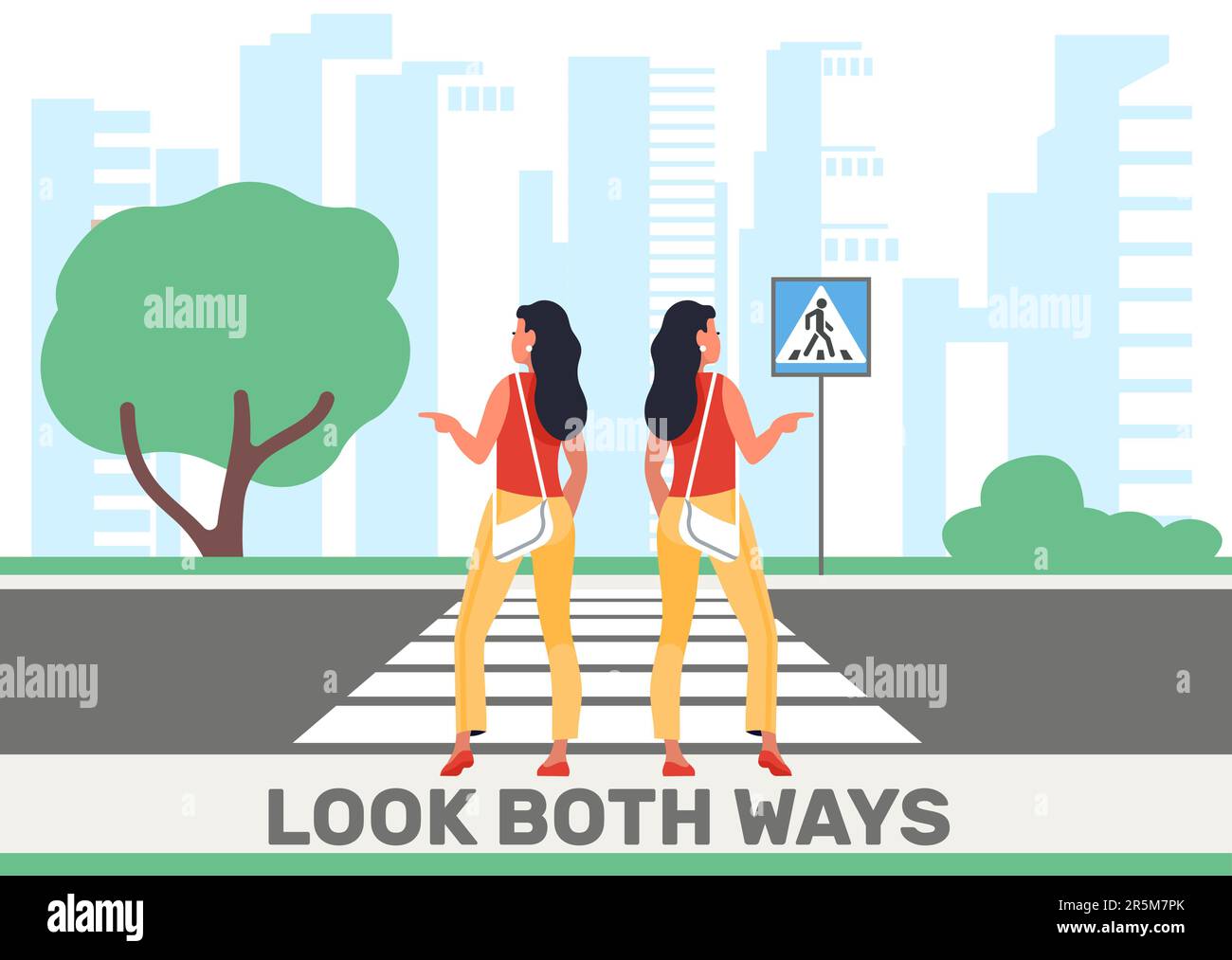 Woman looks both ways before crossing road. Safety pedestrian walking ...