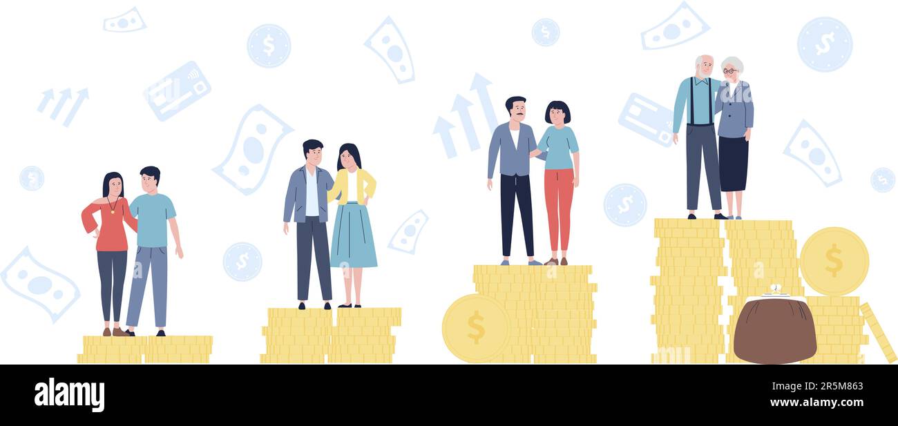 Saving retirement plan. Couples in different ages stand on money piles. Profit, wealth growth ...