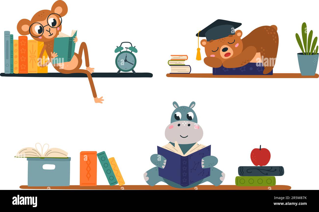 Bookshelves and reading animals with books piles. Hippo and monkey read ...
