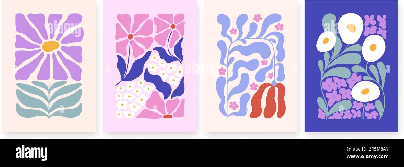 Contemporary doodle flowers wall posters. Floral abstract covers ...