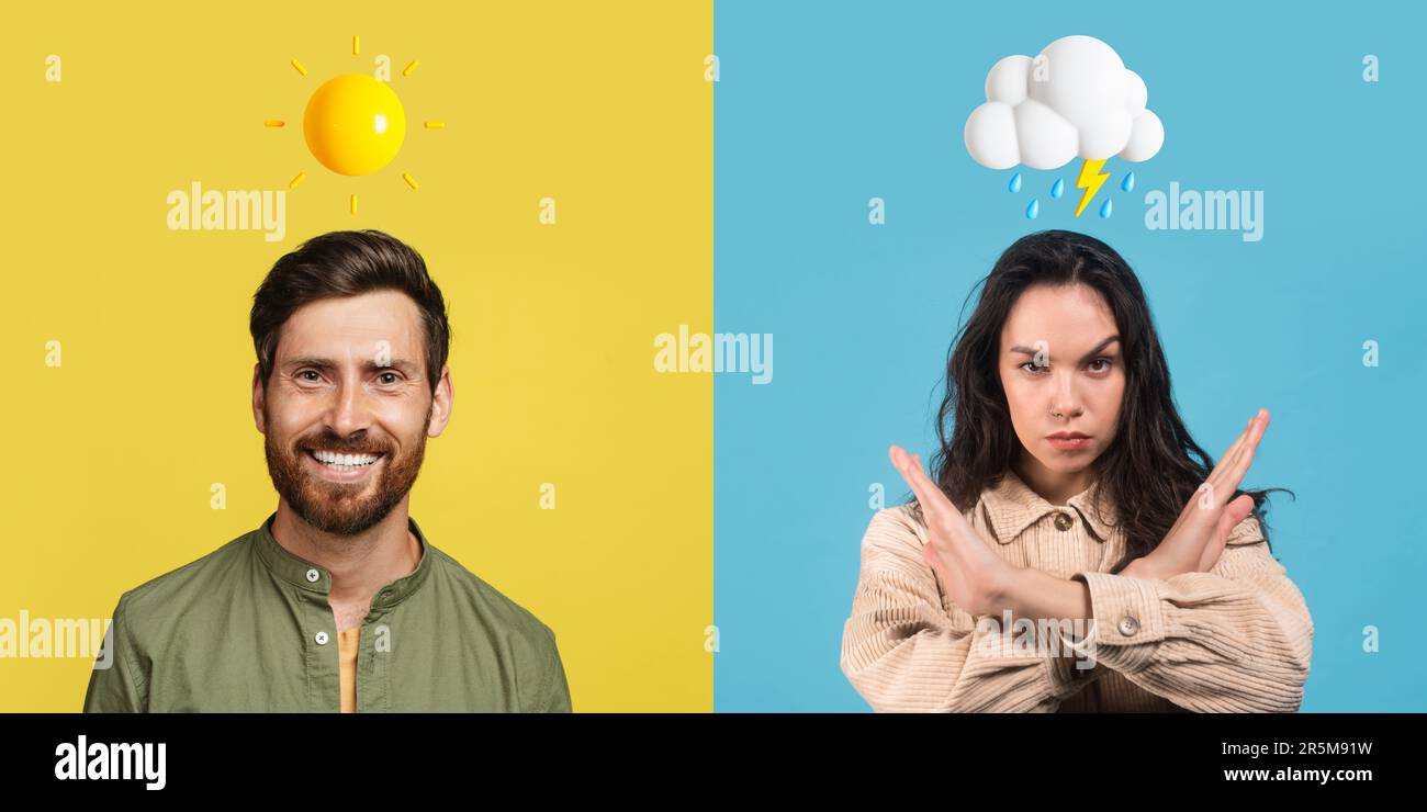 Happy Man With Sun And Upset Woman With Rainy Cloud Above Head Stock ...