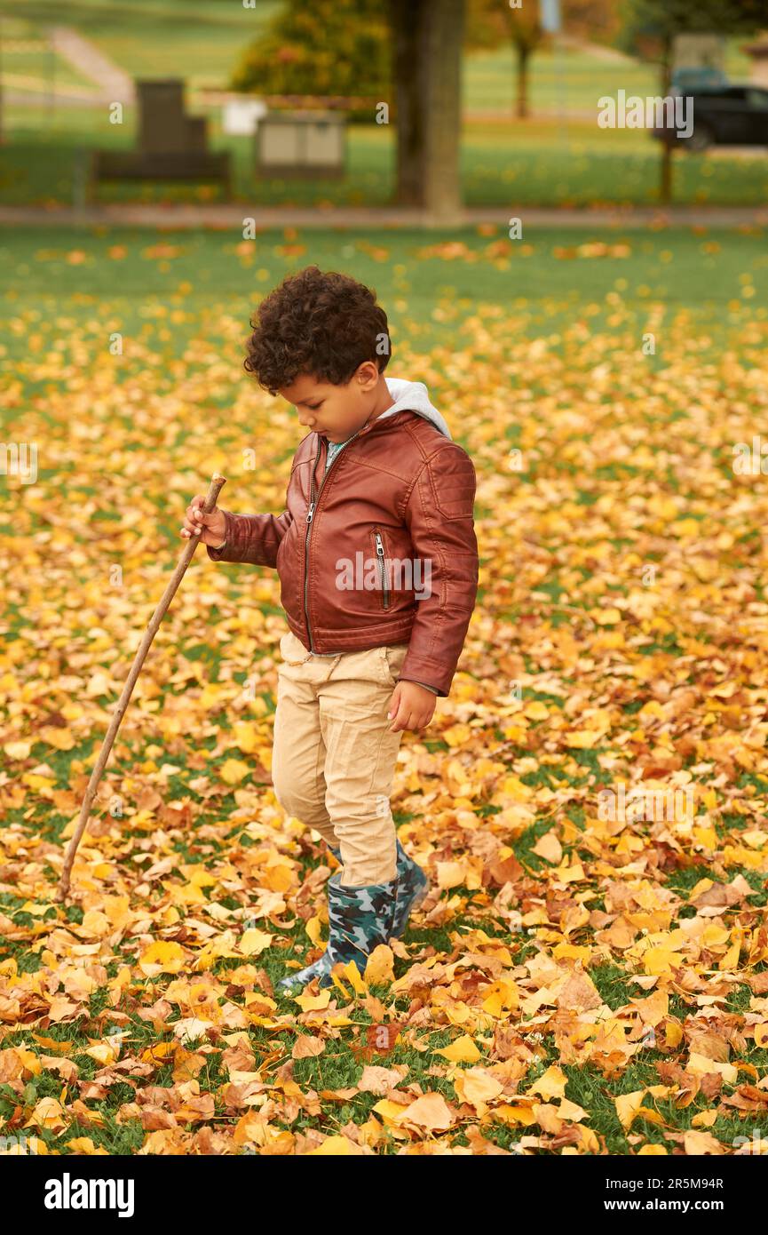 Outdoor autumn portrait of cute african boy, wearing brown leather ...