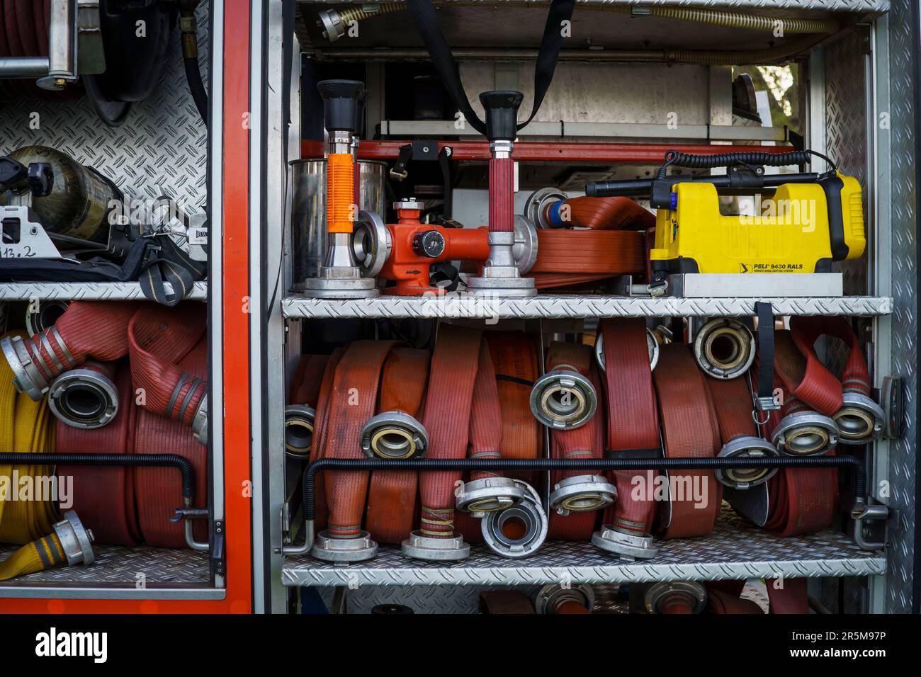 Detail of a fire truck pumper on display as firefighters celebrate the ...