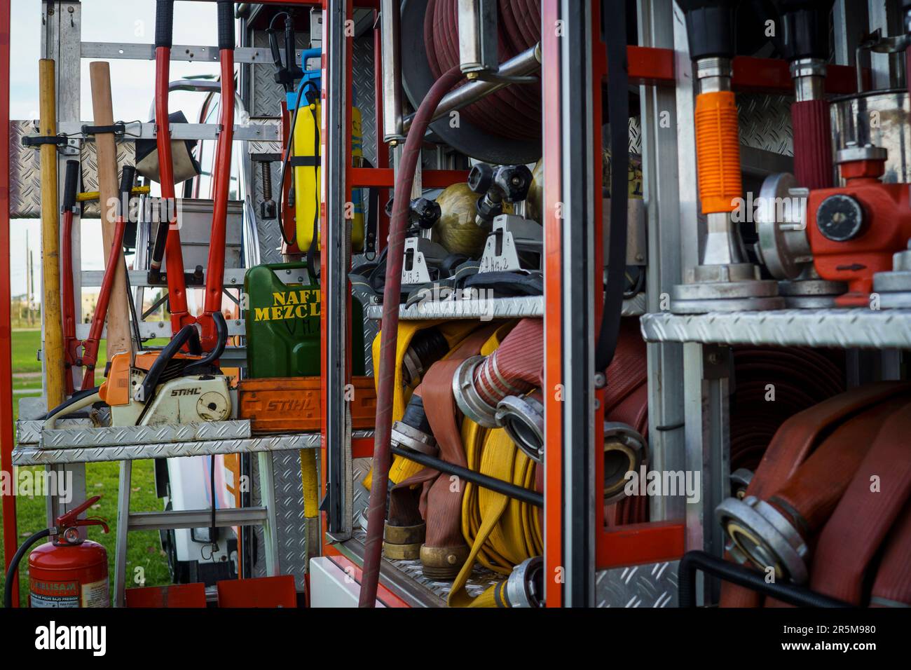 Detail of a fire truck pumper on display as firefighters celebrate the ...