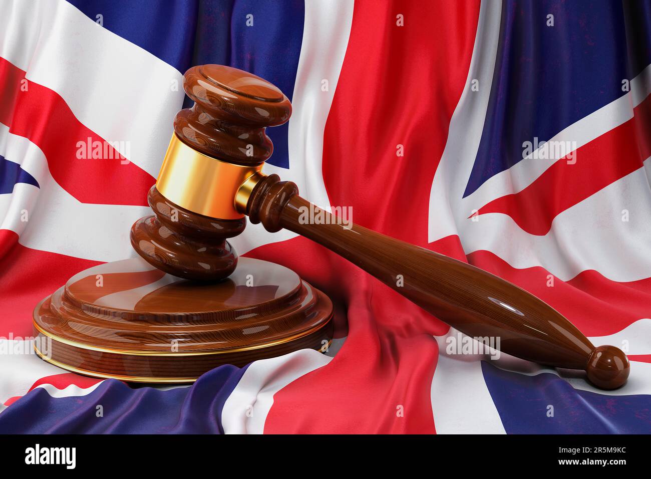 British law and justice concept. Wooden gavel on flag of the Great ...