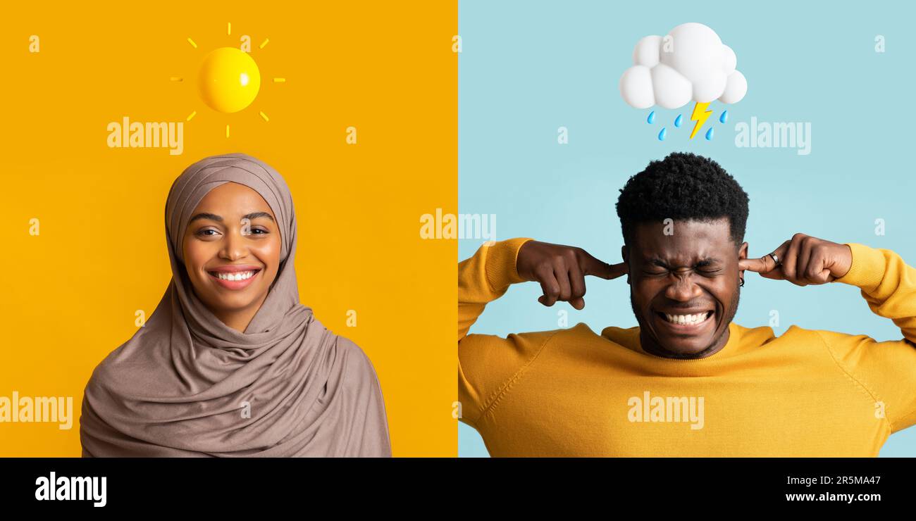 Muslim Woman And Black Man Expressing Different Emotions Over Colorful ...