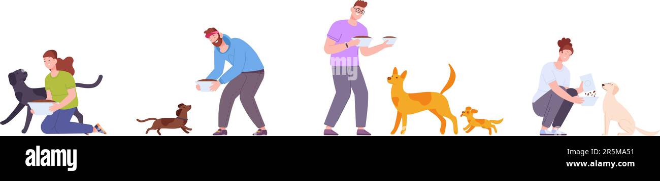 People feeding dogs. Volunteering organization of animal pound support ...