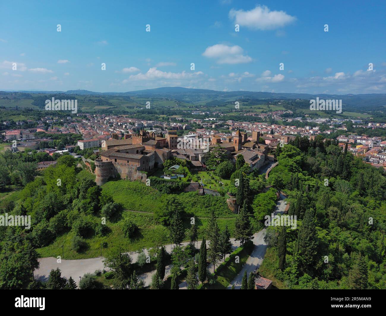 aerial view of the northern slope of the medieval town of Certaldo ...