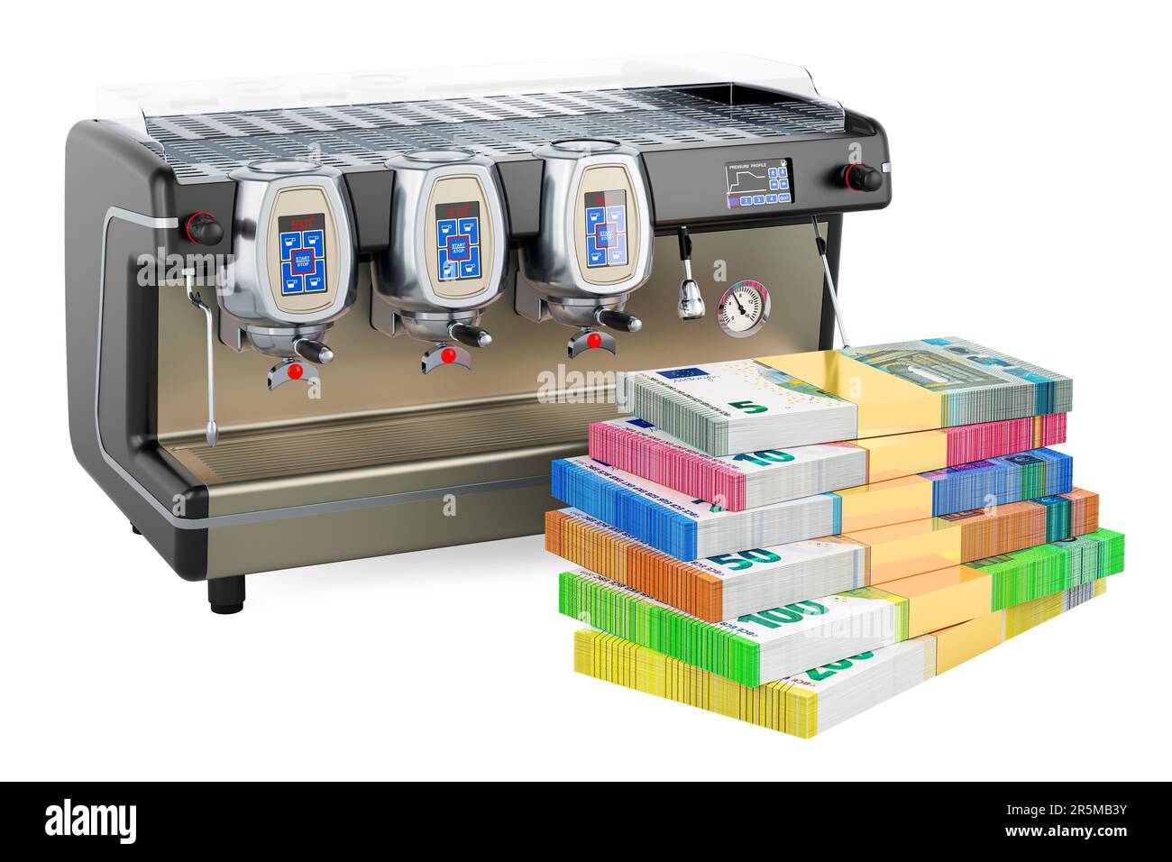 Espresso coffee machine professional with money, euro packs. 3D ...