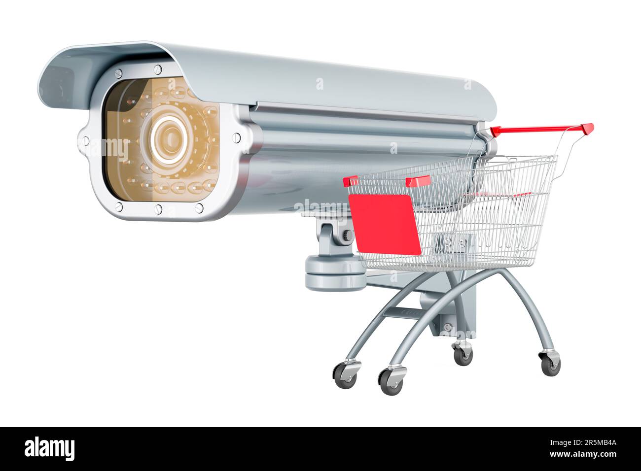 Security surveillance camera with shopping cart. 3D rendering isolated ...