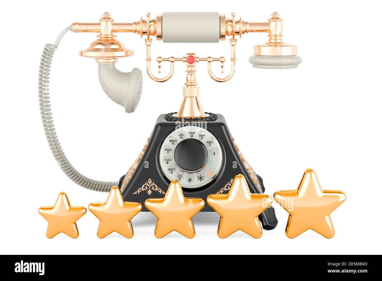 Old-fashioned phone with five golden stars. 3D rendering isolated on ...