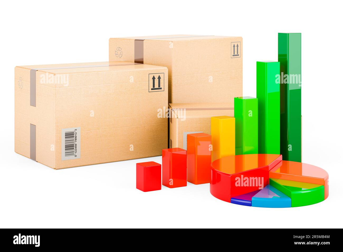 Shipping and logistics concept. Three parcels with growth bar graph and pie chart, 3D rendering ...
