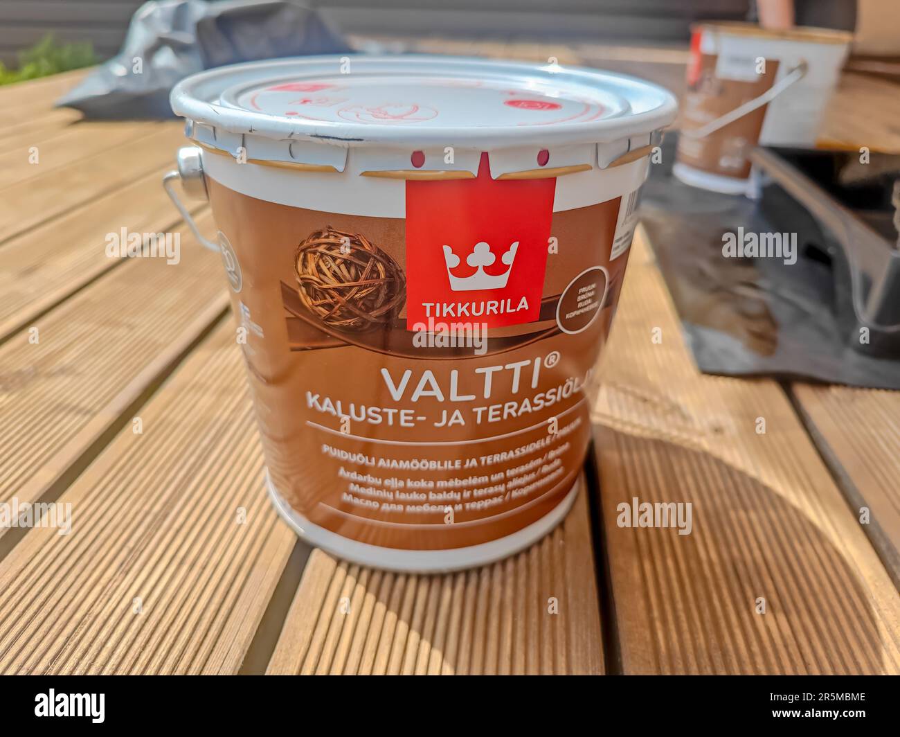 Kaunas, Lithuania - 04 June 2023: Bucket of Tikkurila paint on a ...