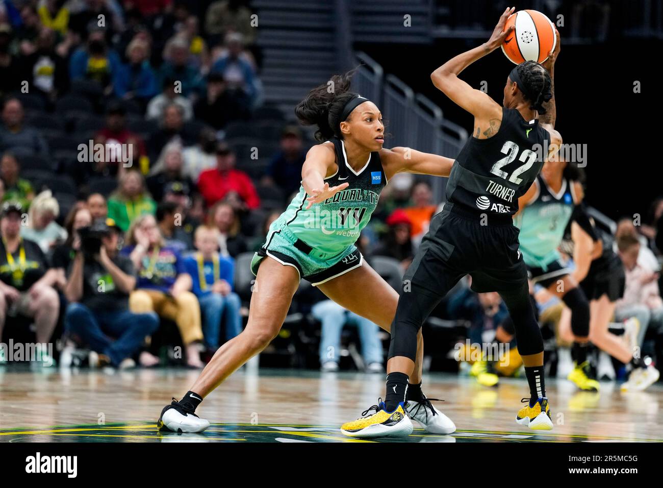New York Liberty guard Betnijah Laney (44) defends against Seattle ...