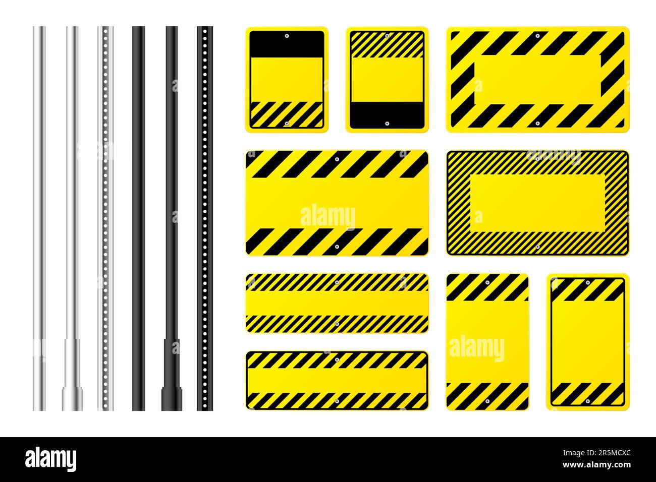 Warning, danger signs, attention banners with metal poles. Blank yellow ...