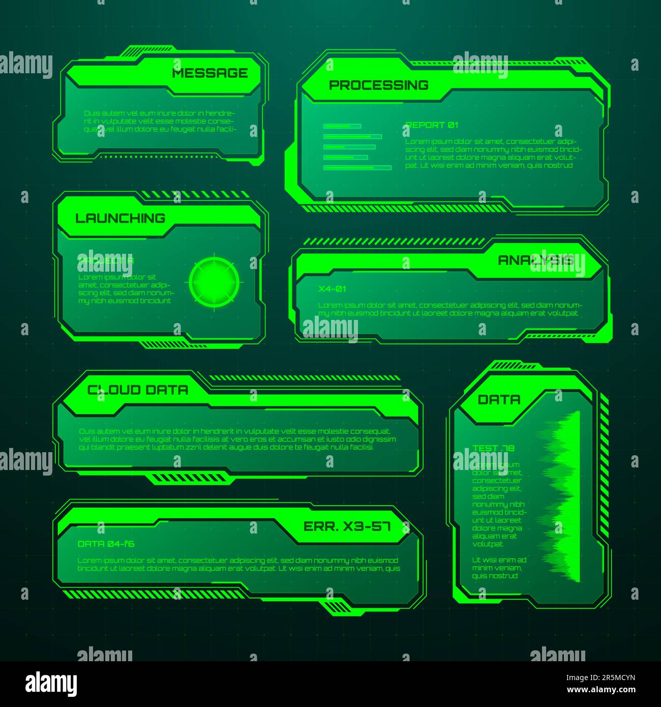 Green futuristic HUD, UI elements. Sci-fi user interface text boxes ...