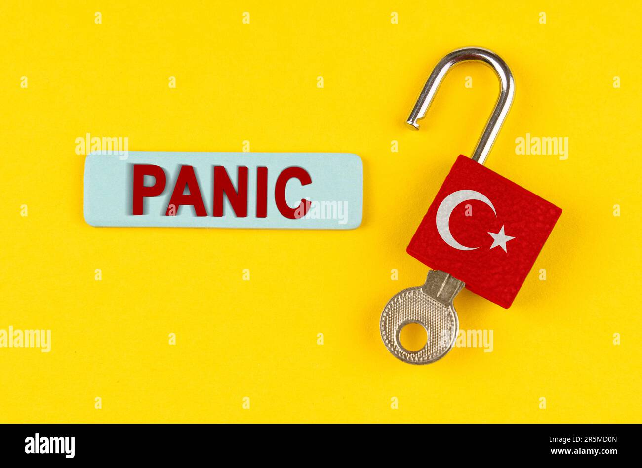 On a yellow surface, an open lock with the image of the flag of Turkey ...