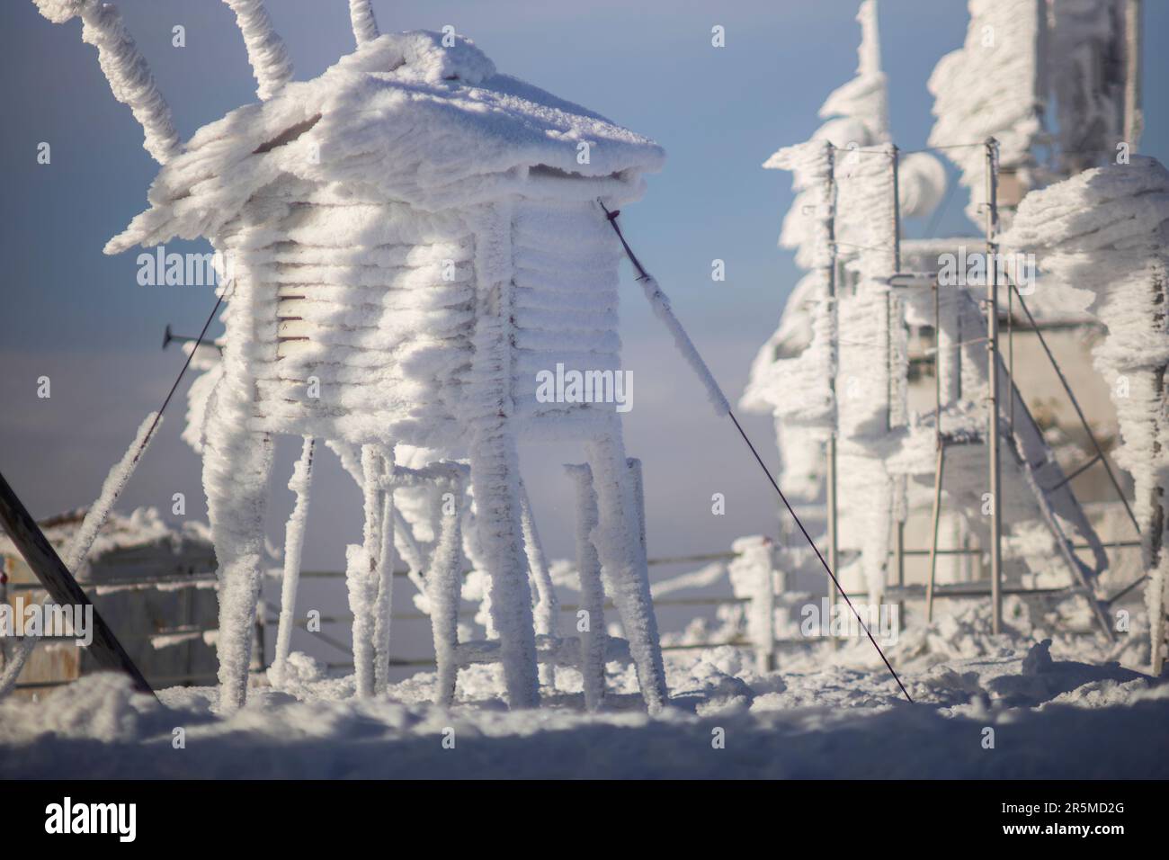 frozen instruments at weather station. winter mountain scene Stock ...