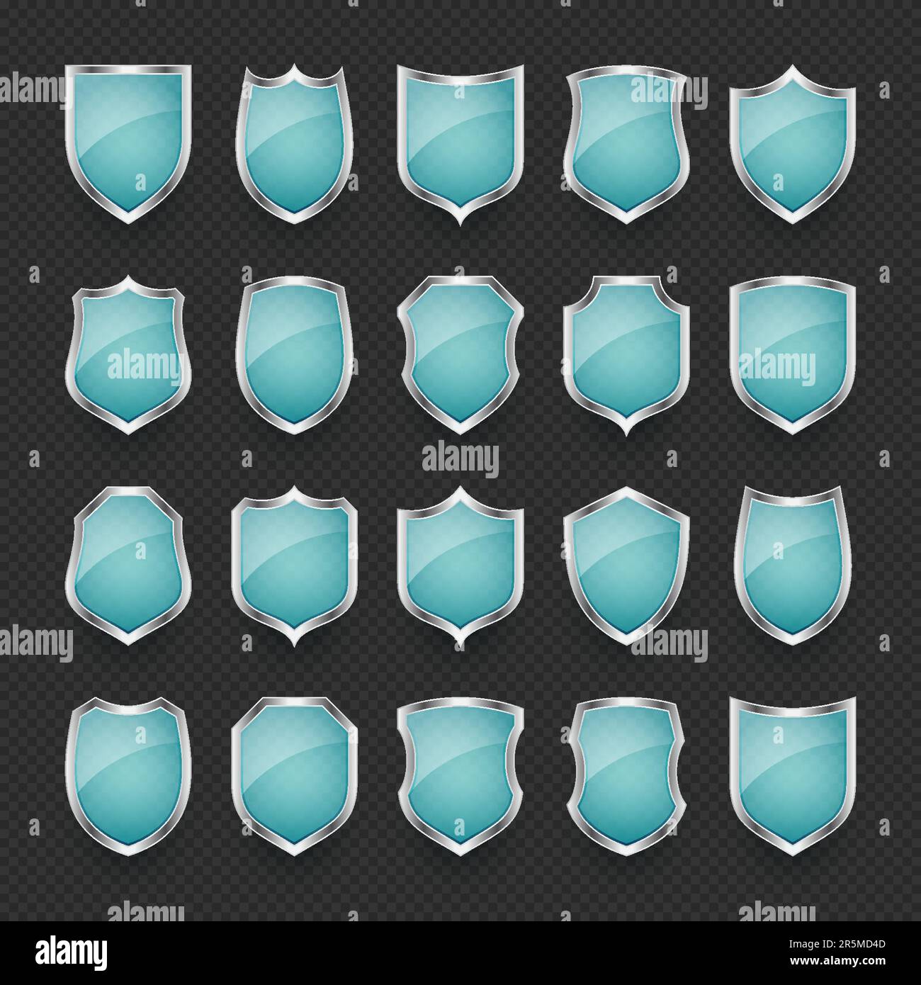 Set of vintage glass 3d shield icons. Blue heraldic shields. Black ...
