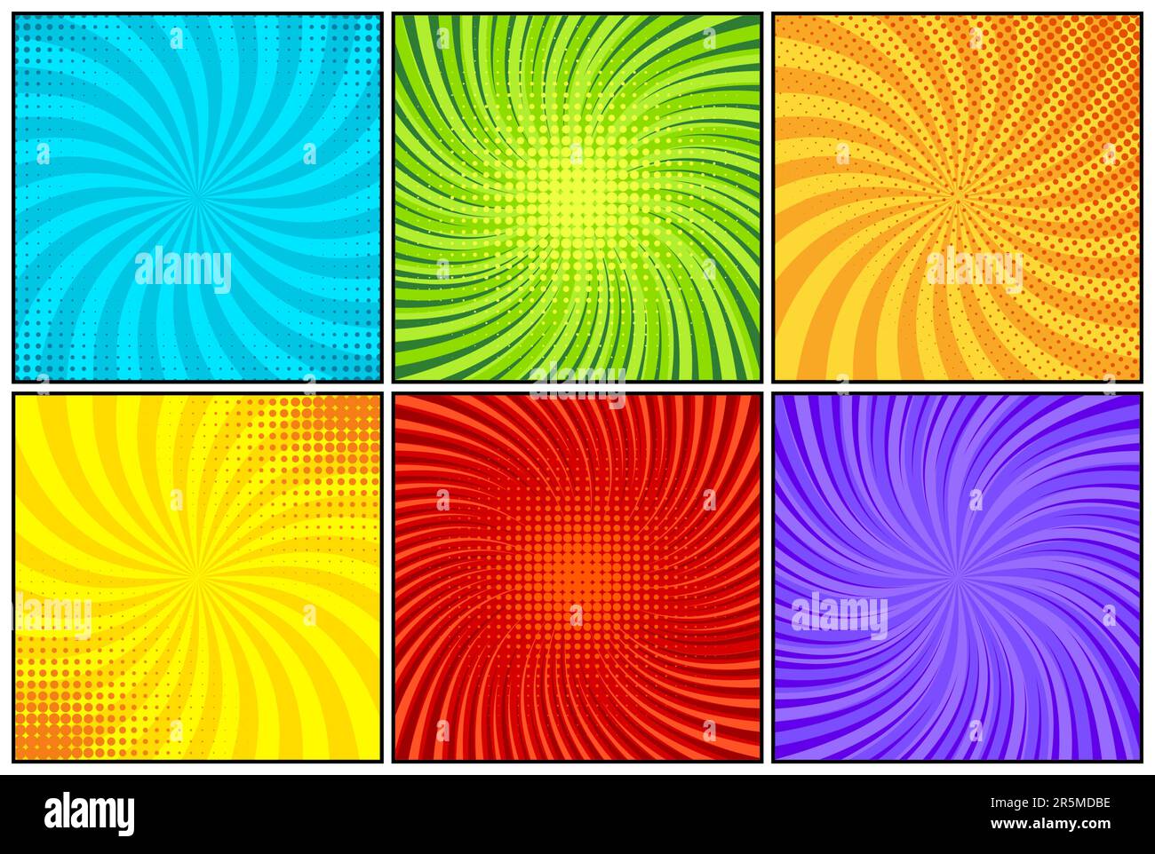 Colorful twisted comic book radial rays, lines. Comics background with ...