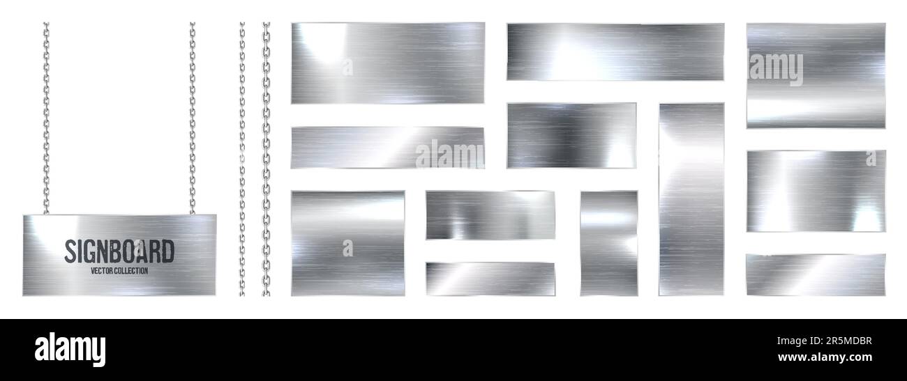 Metal banners hanging on a chain. Realistic shiny steel plate with ...