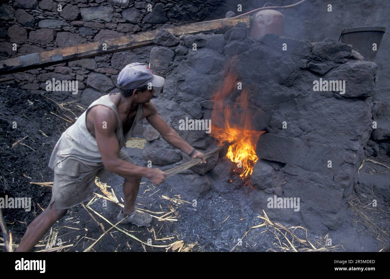 a men work at a rum distellery at a sugar cane Plantation near the town ...