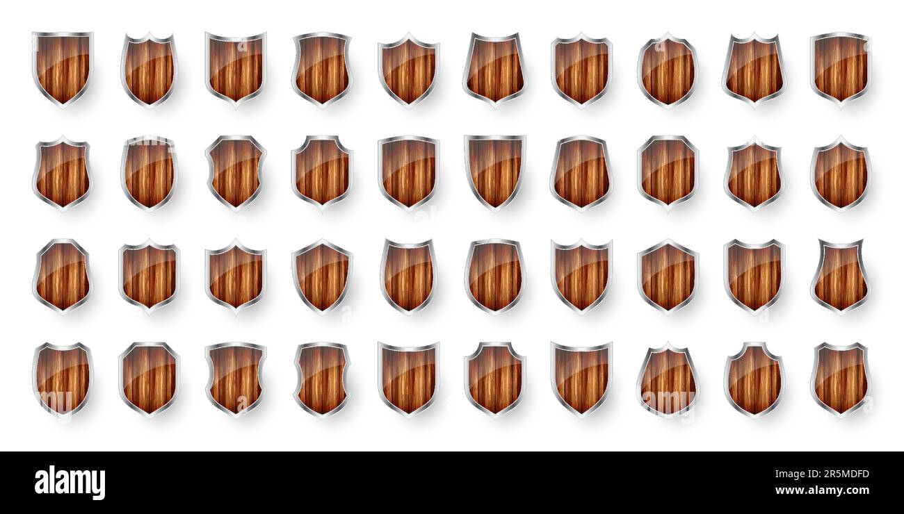 Set of wooden vintage shield icons. Black heraldic shields. Protection ...