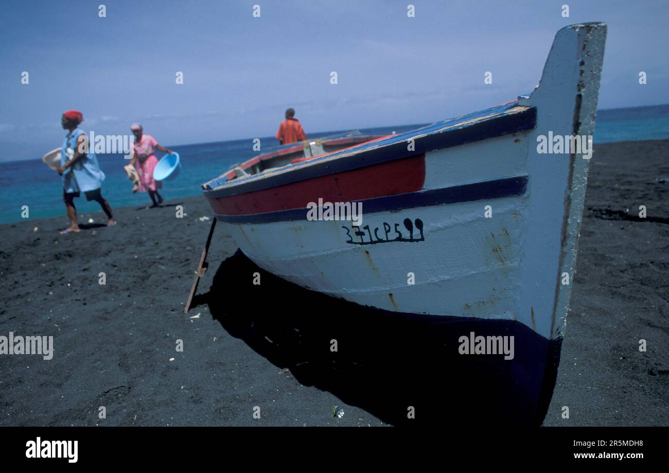 the black sand beach of volcanic lava sand at the town of Sao Filipe on ...