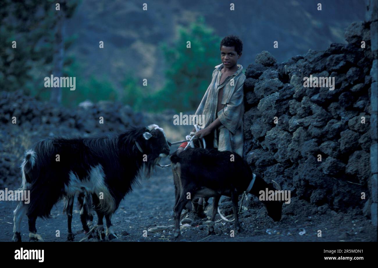 a boy with a goat in the Cater Village in the big Crater of the Volcano ...