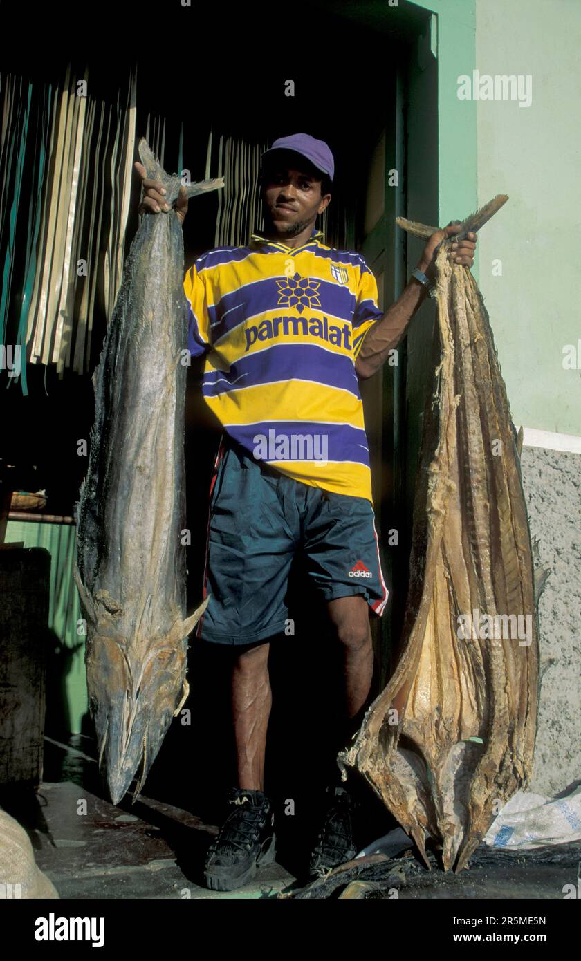 Dry fish at the Fishmarket in the City Mindelo on the Island of Sao ...