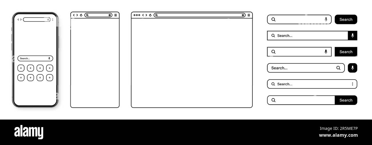 Smartphone, web browser, internet page window with toolbar and search ...