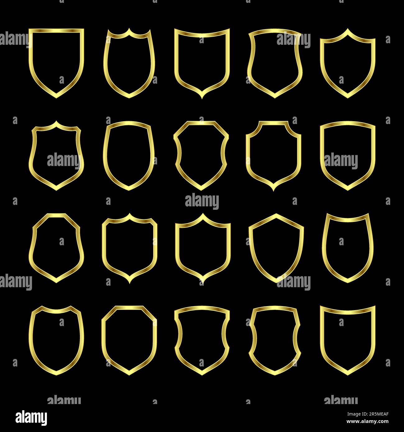 Set of metal vintage shield frames. Shiny golden heraldic shields ...