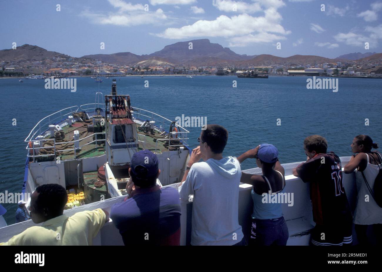 a Ferry Ship on sea at the coast of the City Mindelo on the Island of ...