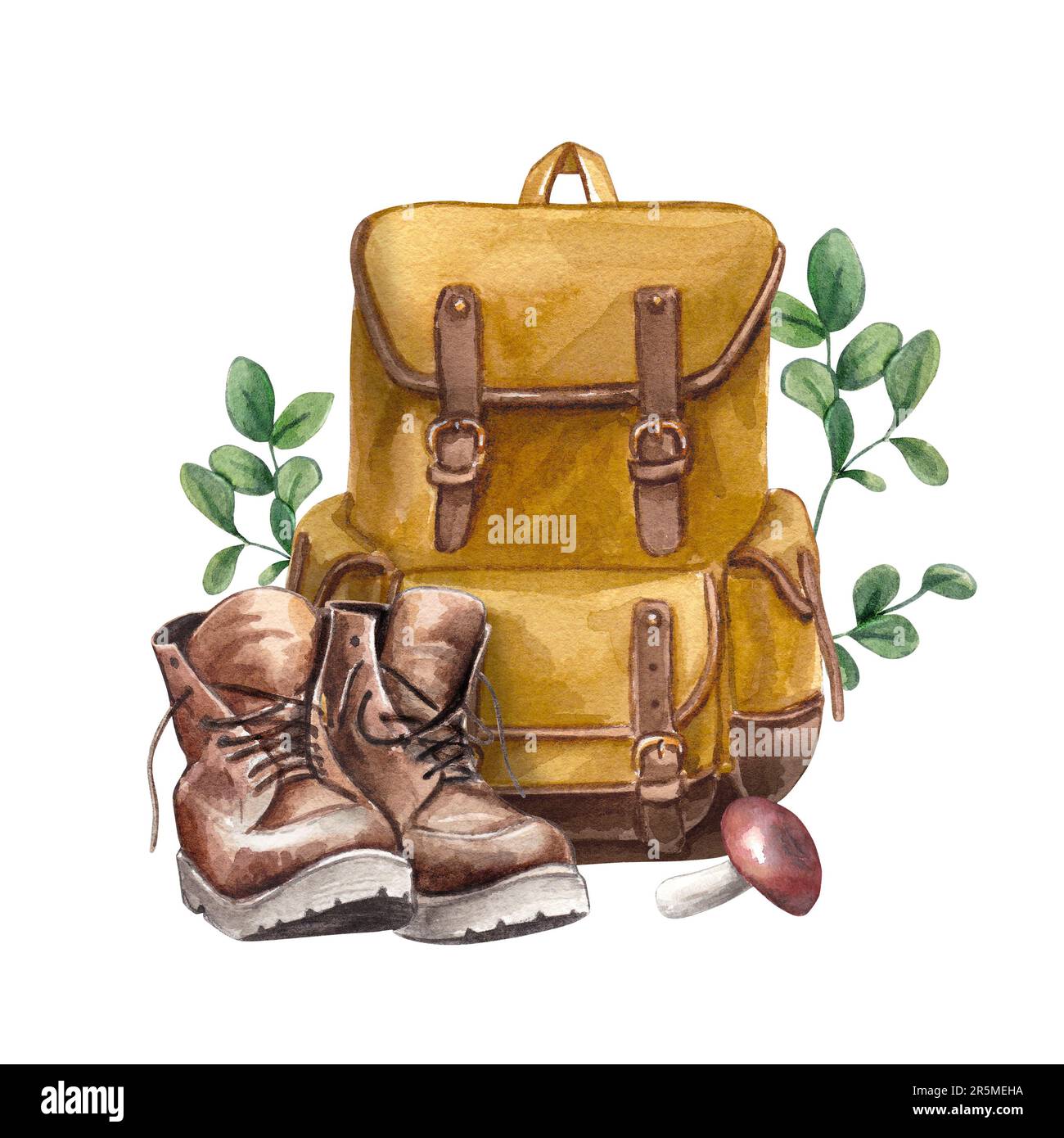 Yellow travel backpack and hiking shoes. Watercolor hand drawn ...