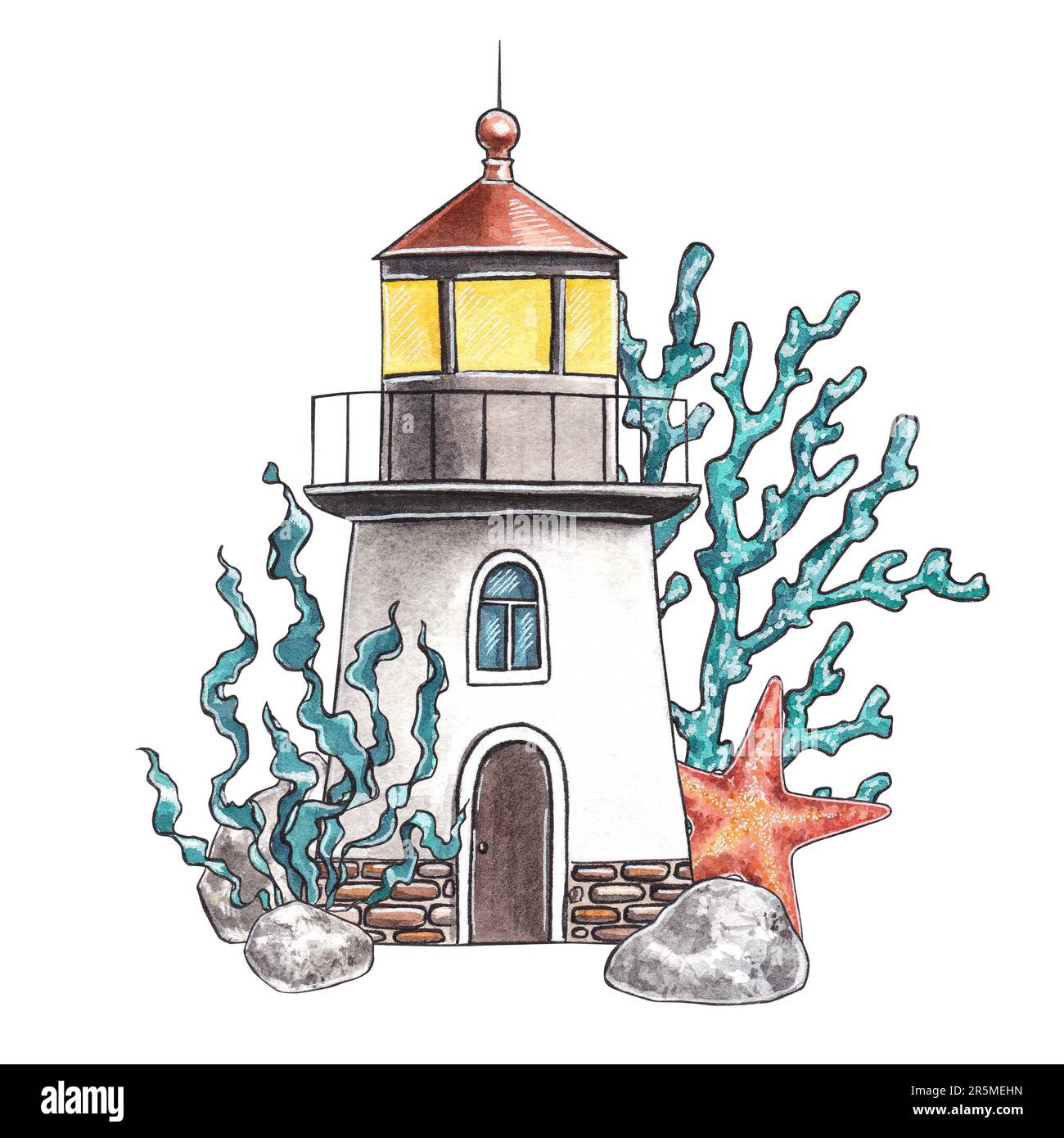 Lighthouse with corals, algae and shells. Watercolor hand drawn ...