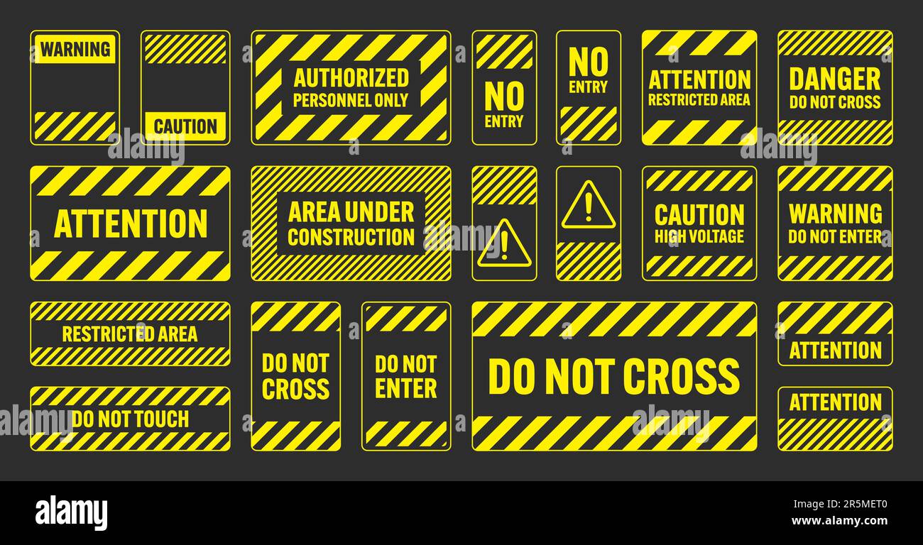 Various yellow warning signs with diagonal lines. Attention, danger or ...