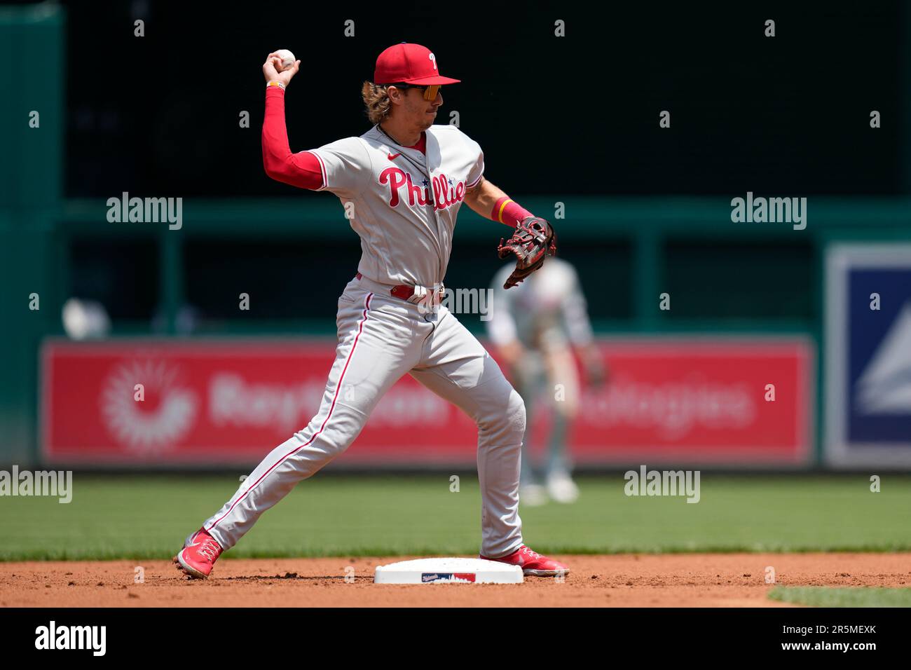 Philadelphia Phillies second baseman Bryson Stott fields a ball during a baseball game against ...