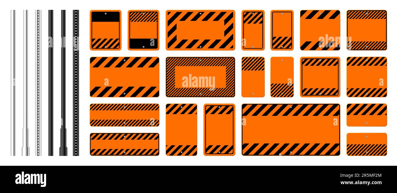 Warning, danger signs, attention banners with metal poles. Blank orange ...